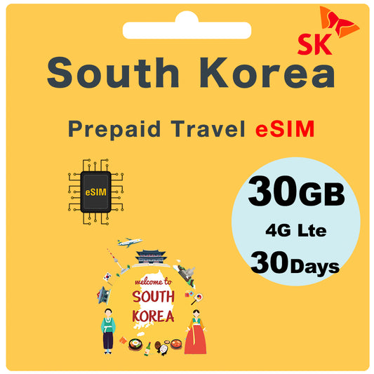 South Korea Prepaid Travel eSIM Card 30GB/20GB Data- SK Telecom (Data
